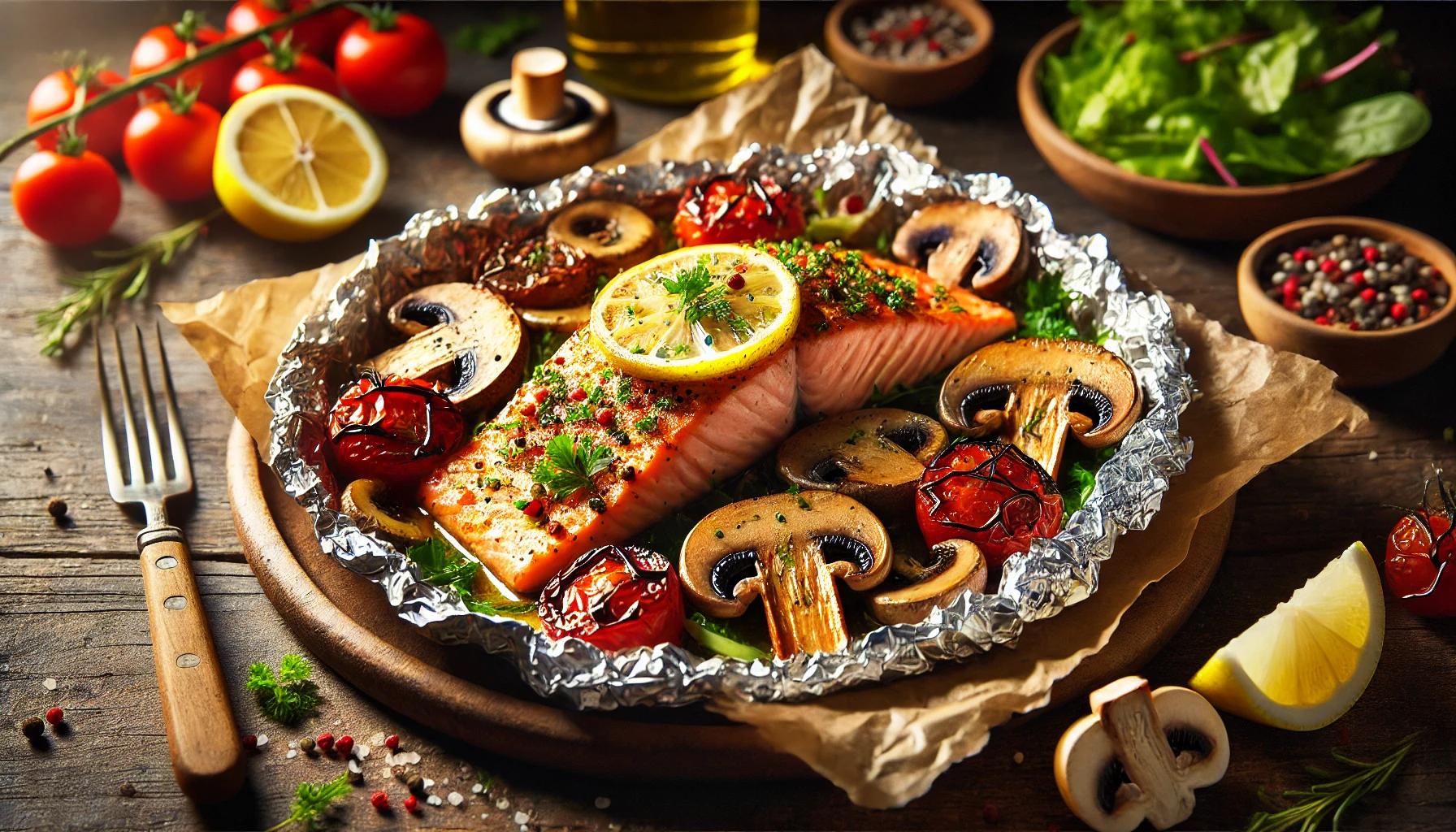 Somon La Cuptor Cu Ciuperci Si Rosii Reteta In Folie De Aluminiu - infoc.ro